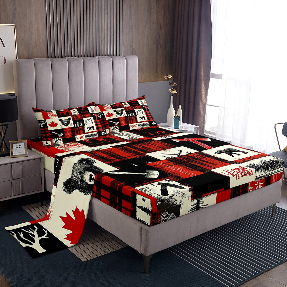 Woodland Animals Bed Sheets Set Bear Deer Hunting Sheets,Red Lattice ...