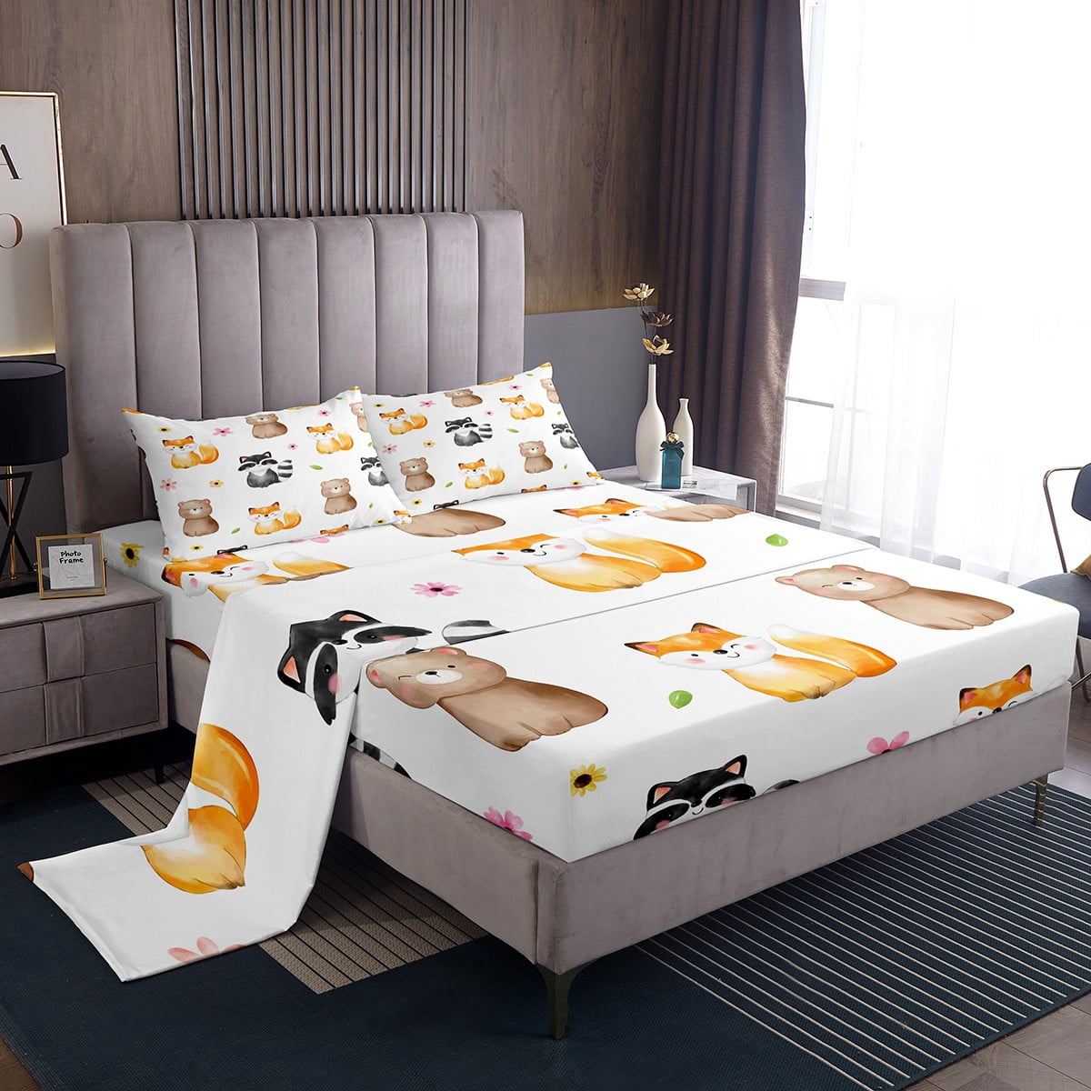 Woodland Animals Bed Sheets Set Fox Bear Raccoon Full Sheet Set,Cartoon ...