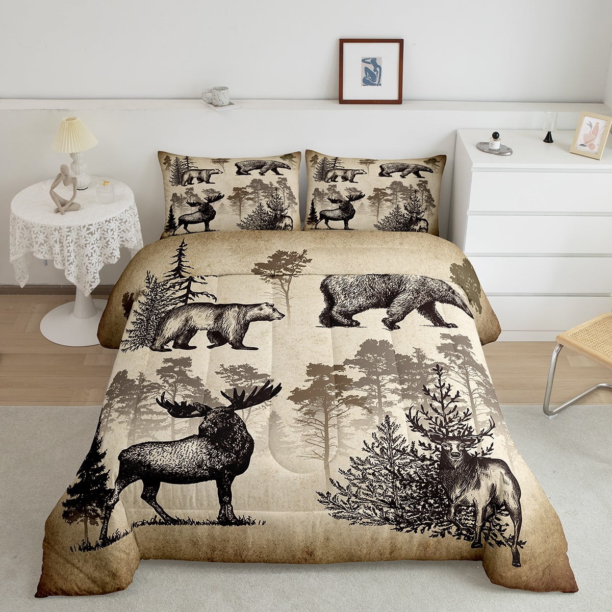 Woodland Animals Bedding Set Bear Moose Elk Comforter Set Queen,Reindeer Rustic Deer Quilt ...