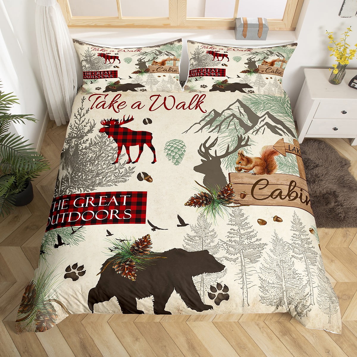 Woodland Animals Bedding Set Cabin Duvet Cover Queen,Wild Bear Moose ...