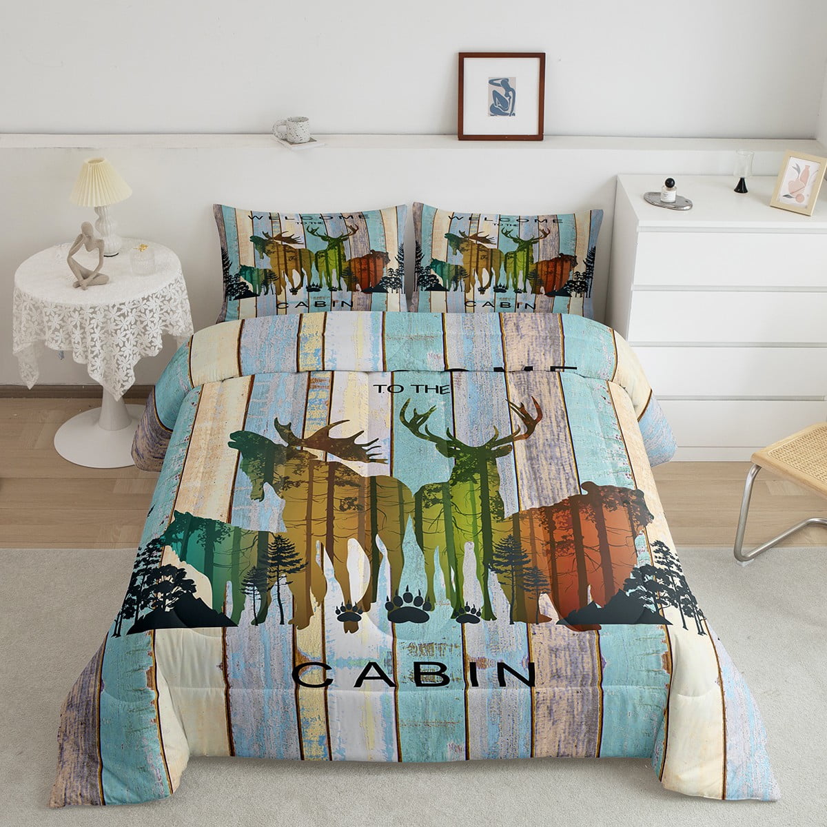 Woodland Animals Bedding Set Lodge Cabin Quilt,Pine Trees Wildlife Bear ...