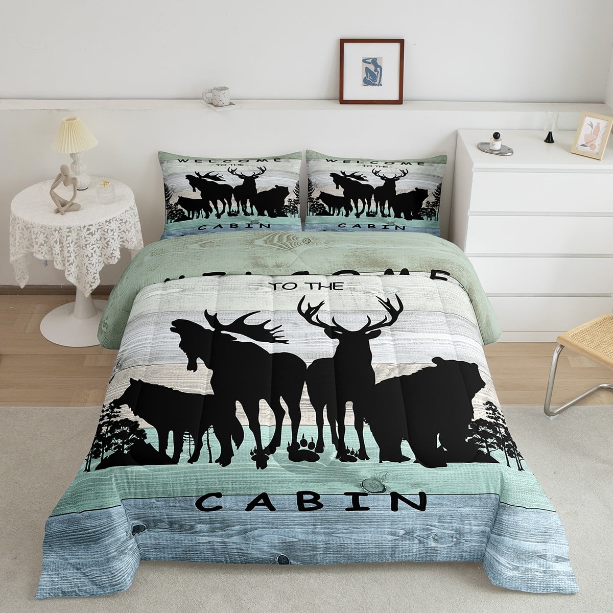 Woodland Animals Bedding Set Lodge Cabin Quilt,Pine Trees Wildlife Bear ...