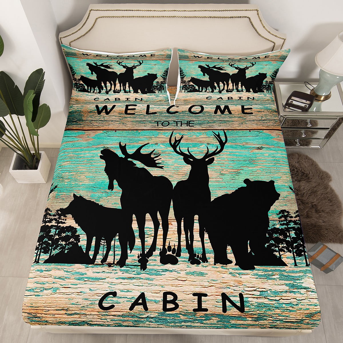 Woodland Animals Bedding Set Lodge Cabin Fitted Sheet Queen,Pine Trees ...