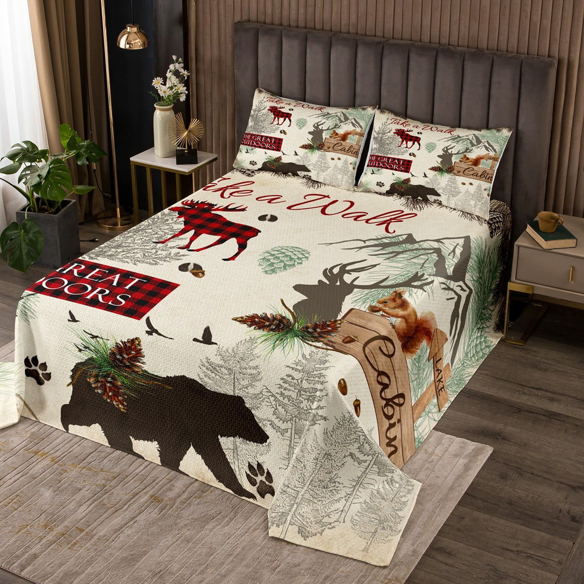 Woodland Animals Bedspread Set Cabin Quilt Set Twin,Wild Bear Moose Elk ...