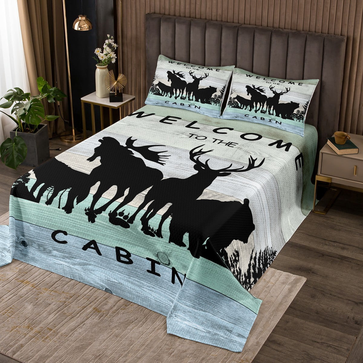 Woodland Animals Bedspread Set Lodge Cabin Coverlet Set,Pine Trees Bear ...