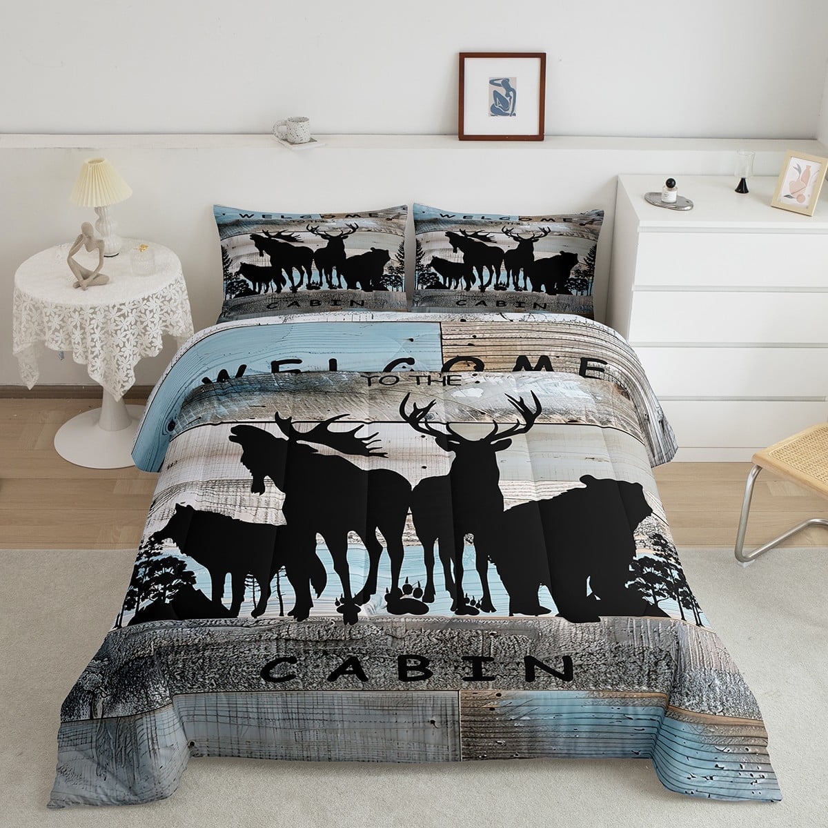 Woodland Animals Comforter Set King Lodge Cabin Bedding Set,Pine Trees ...