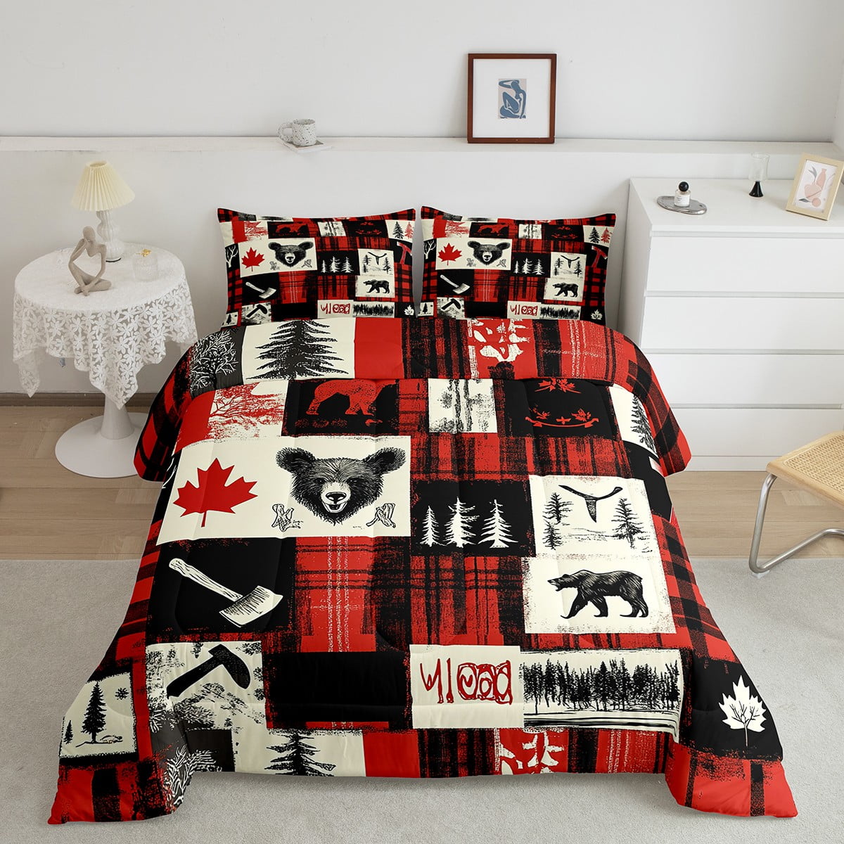 Woodland Animals Comforter Set Bear Deer Hunting Quilt Bed Set,Red ...