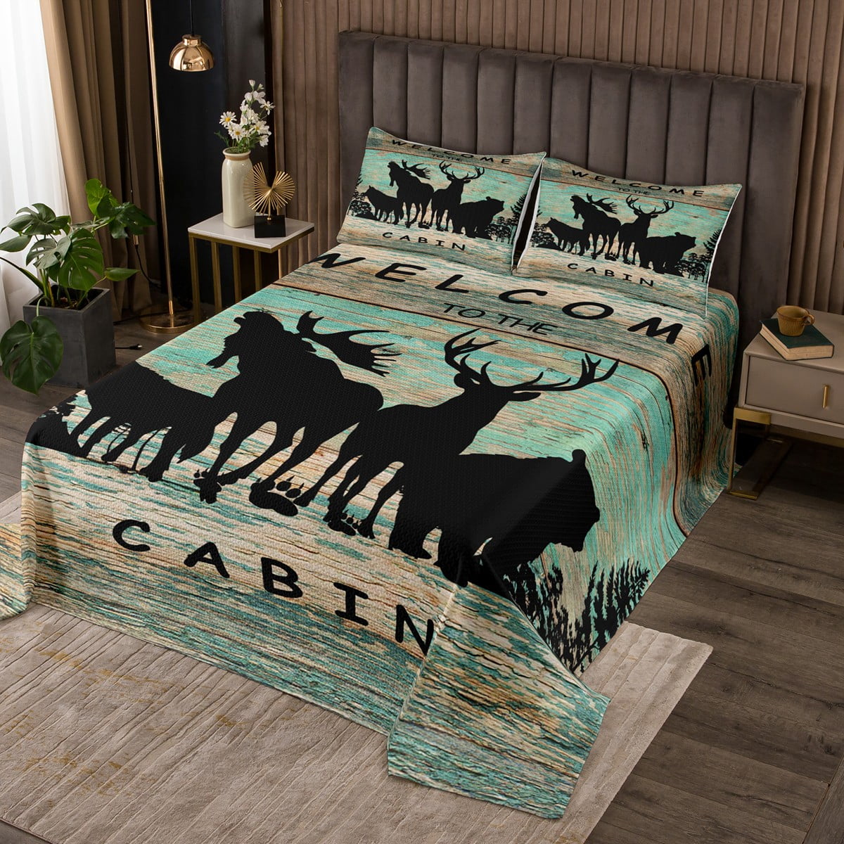 Woodland Animals Coverlet Set Lodge Cabin Quilt Set Queen,Pine Trees ...