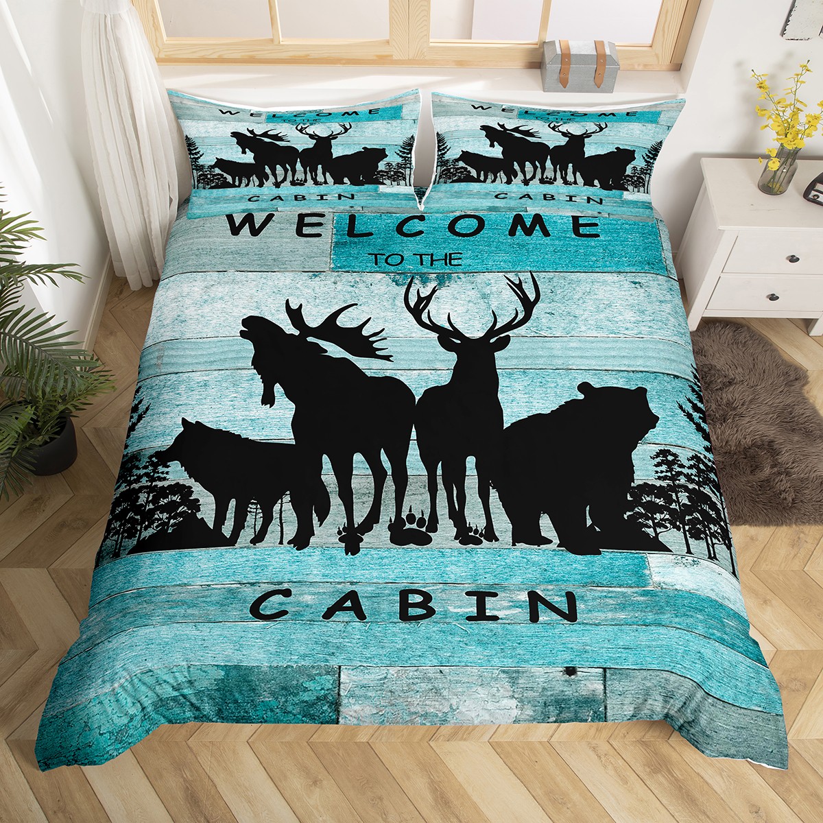 Woodland Animals Duvet Cover Twin Lodge Cabin Bedding Set,Pine Trees ...