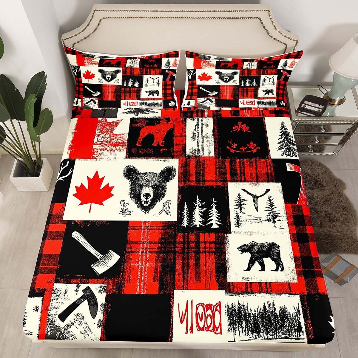 Woodland Animals Fitted Sheet Bear Deer Hunting Sheets,Red Lattice Bed ...