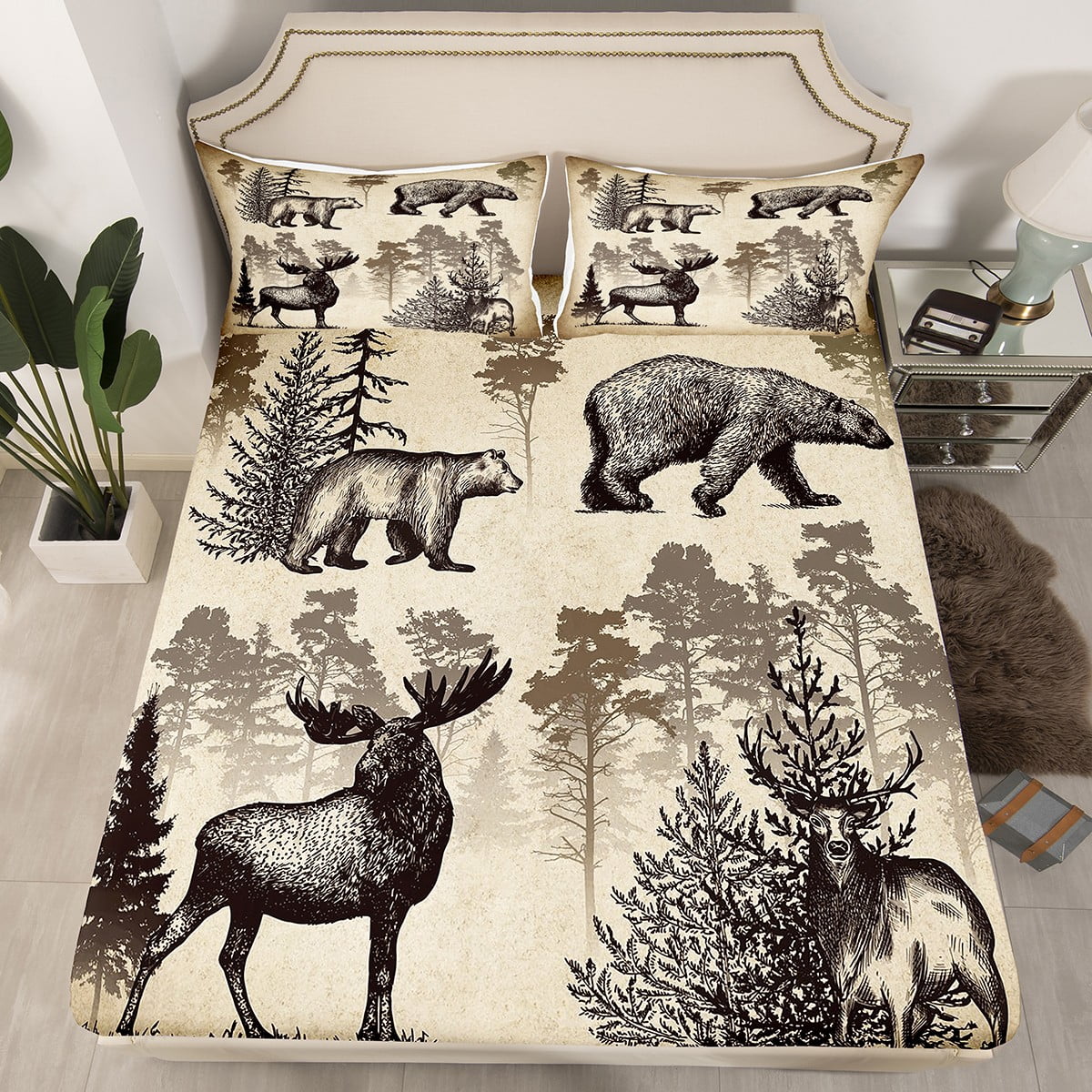 Woodland Animals Fitted Sheet Bear Moose Elk Bed Sheets Full,Reindeer ...