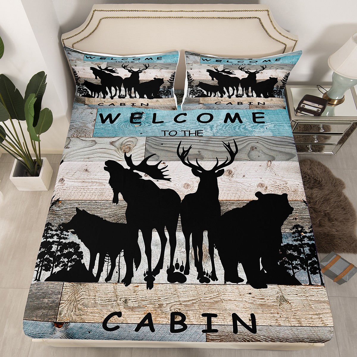 Woodland Animals Fitted Sheet Full Lodge Cabin Bed Sheets,Pine Trees ...