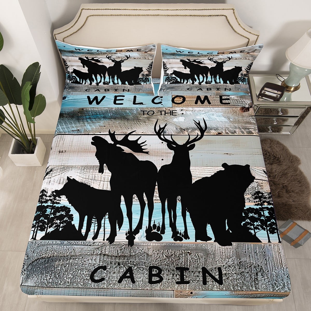Woodland Animals Fitted Sheet Full Lodge Cabin Bed Sheets,Pine Trees ...