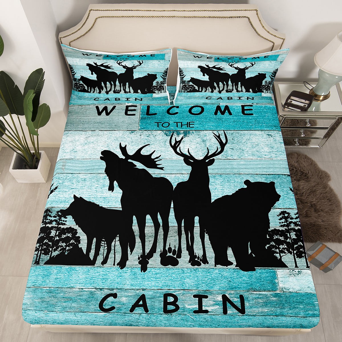 Woodland Animals Fitted Sheet Twin Lodge Cabin Bed Sheets,Pine Trees ...