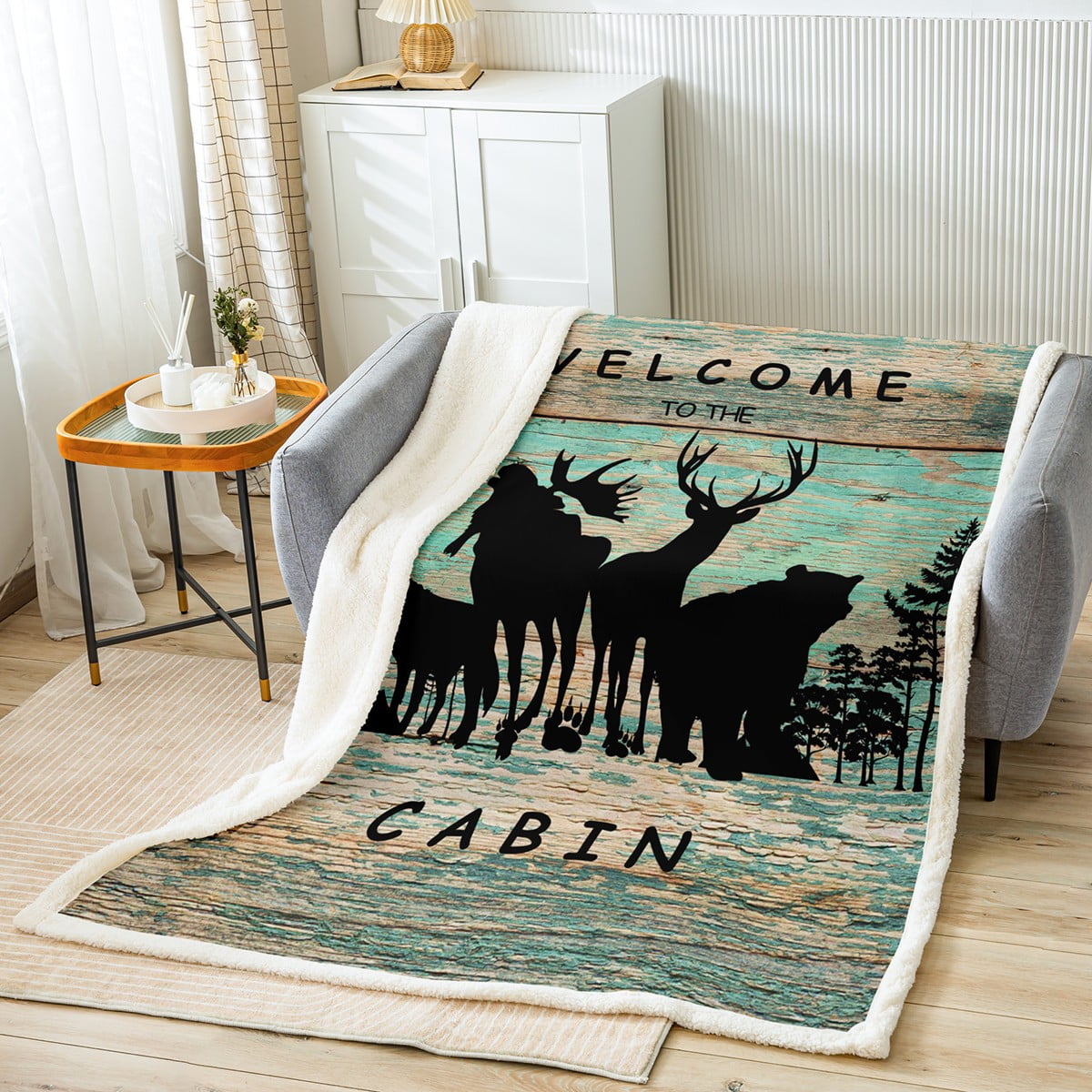 Woodland Animals Fleece Blanket Lodge Cabin Blanket 90"x90",Pine Trees ...