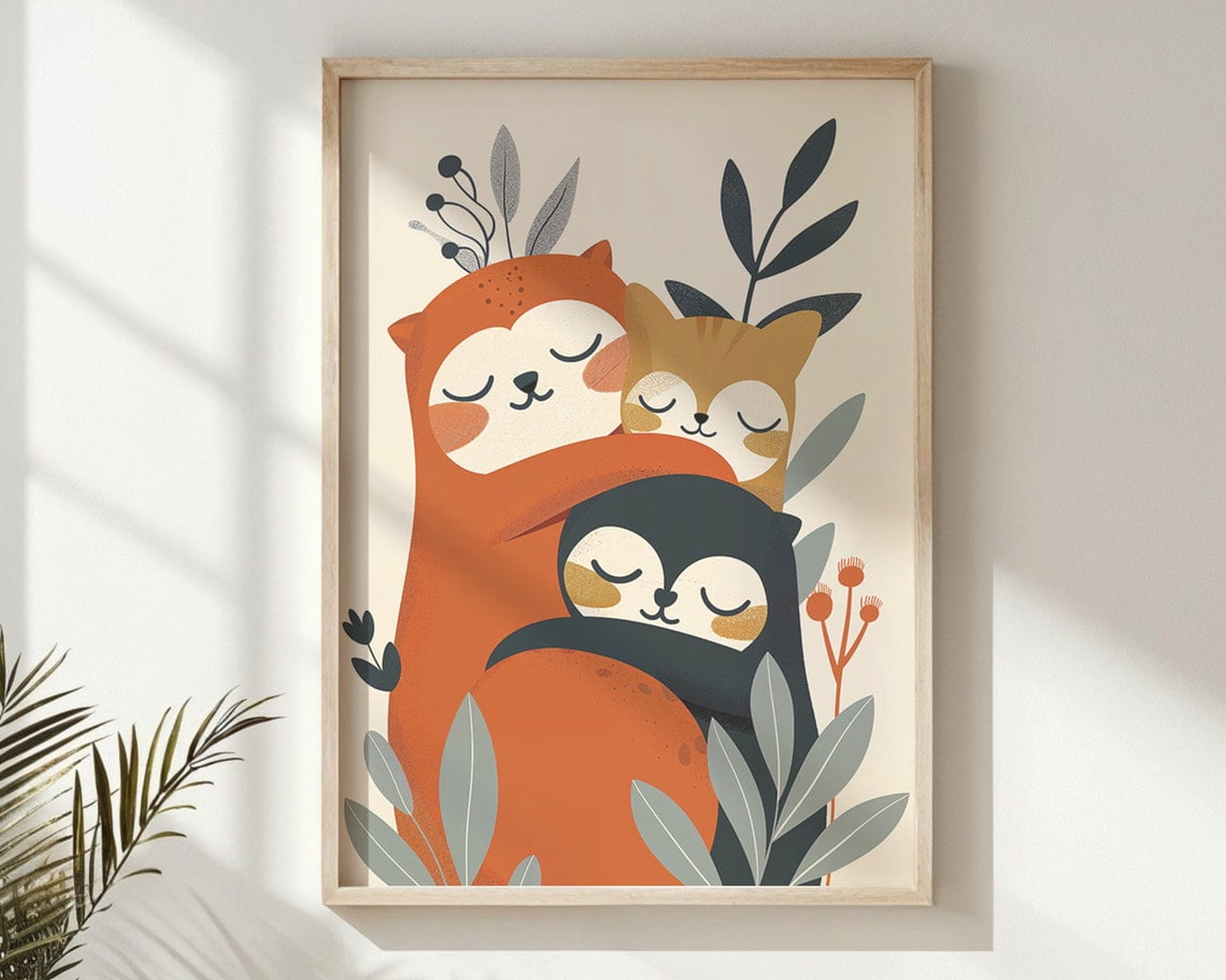 Woodland Animals Hug Illustration, Nursery Wall Art, Cute Forest ...