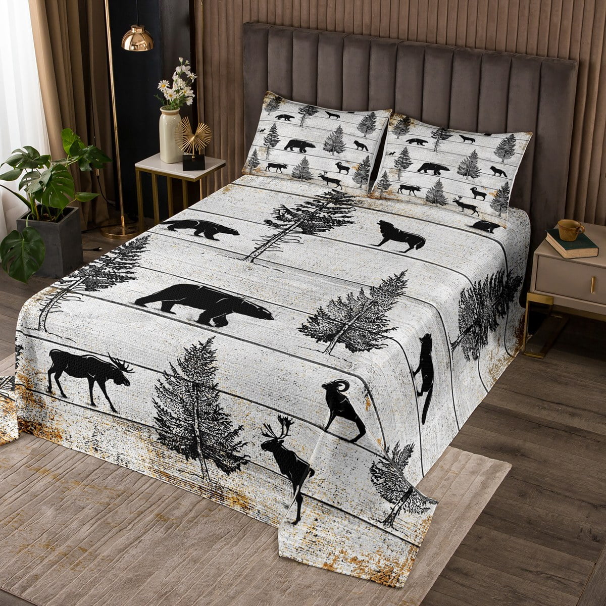Woodland Animals King Bedspread Set for Boys,Bear Elk Deer Coverlet Set ...