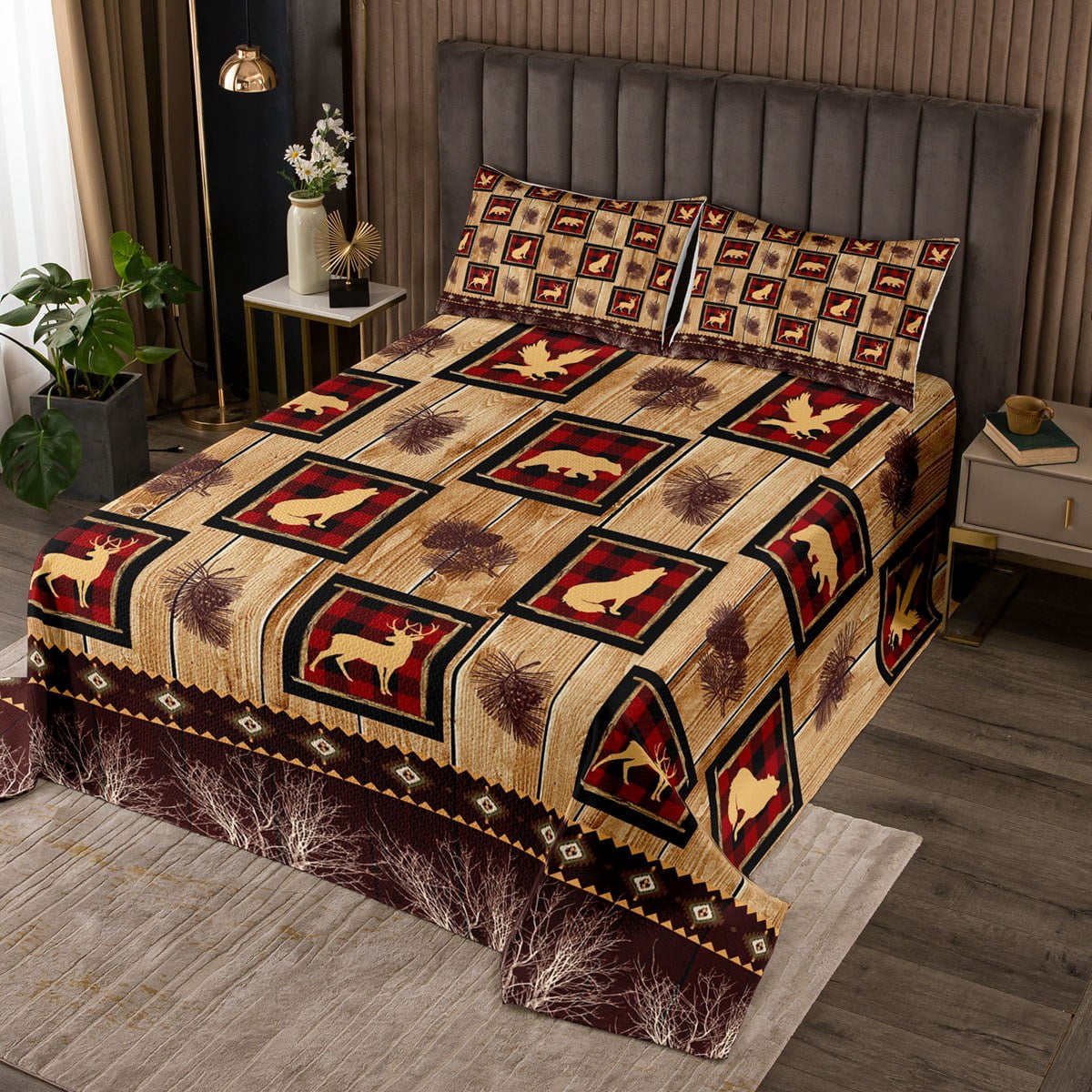 Woodland Animals King Bedspread Set,Lodge Cabin Checkered Buffalo Plaid ...