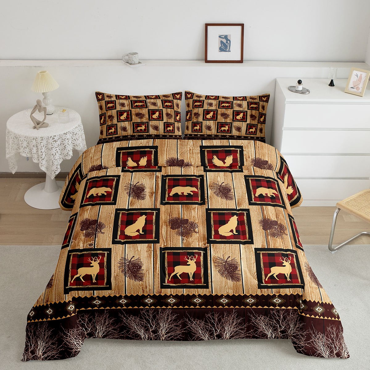 Woodland Animals Queen Comforter Set ,Lodge Cabin Checkered Buffalo ...