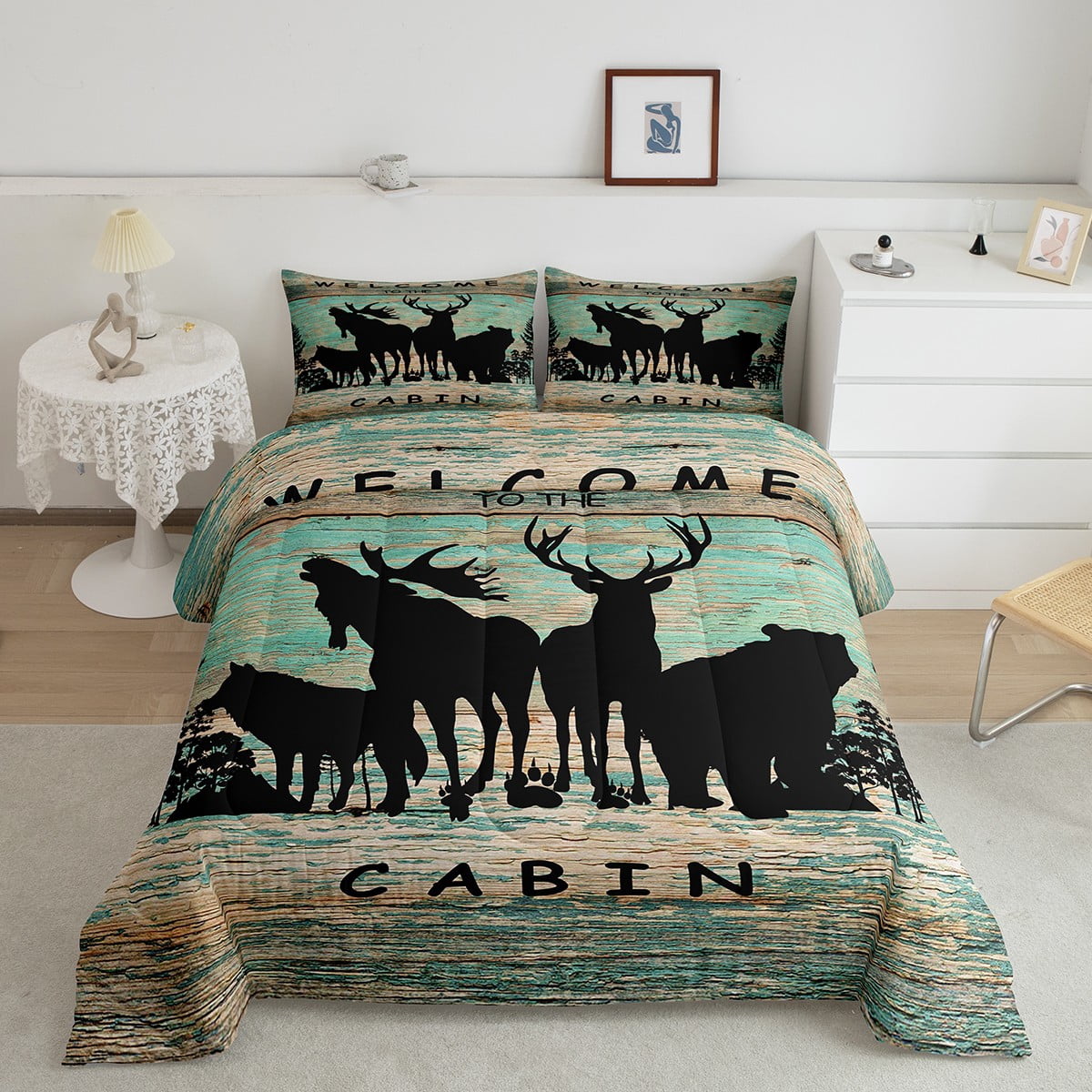 Woodland Animals Quilt Lodge Cabin Comforter Set King,Pine Trees Wildlife Bear Moose Elk Wolf ...