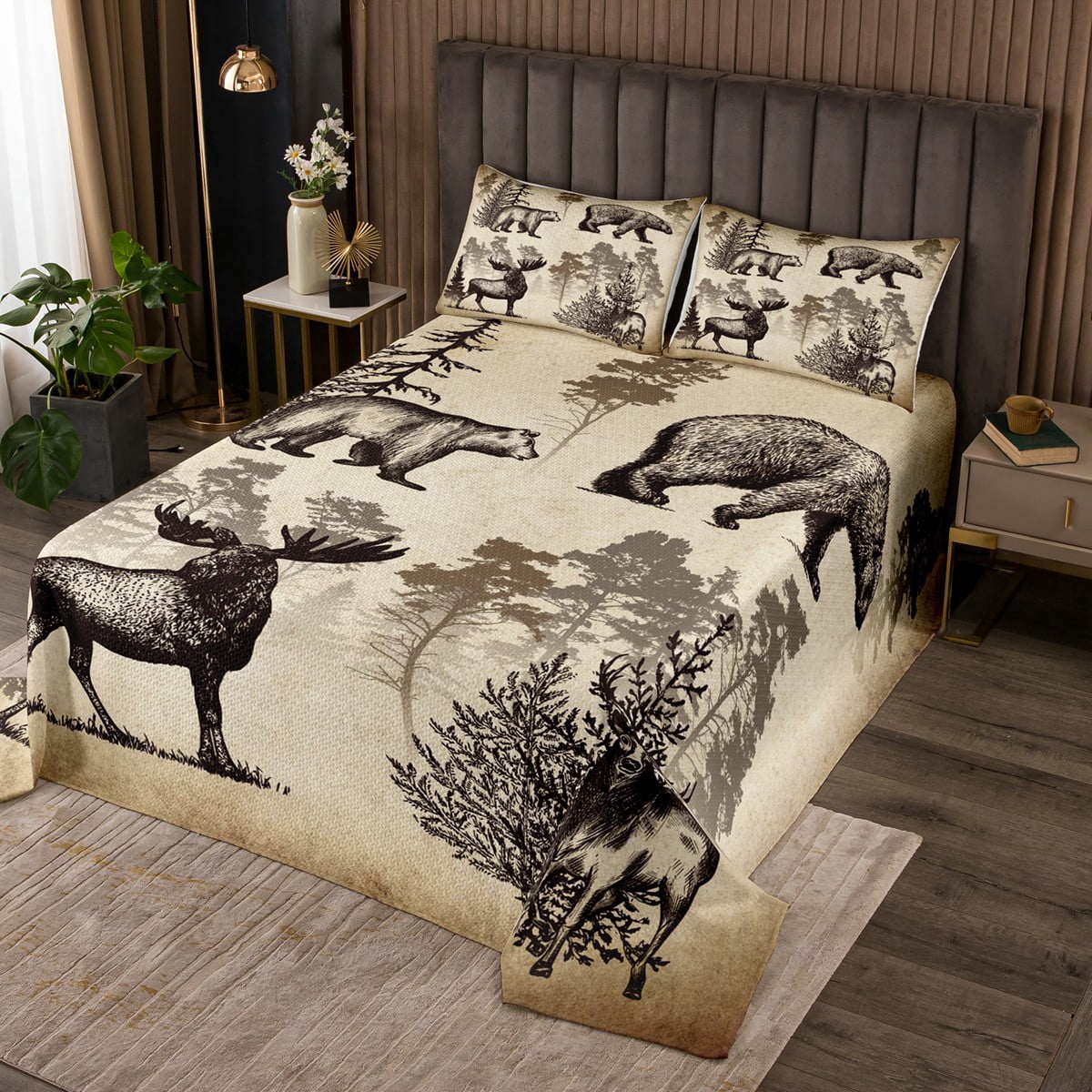Woodland Animals Quilt Set Bear Moose Elk Bedspread Set Twin,Reindeer ...