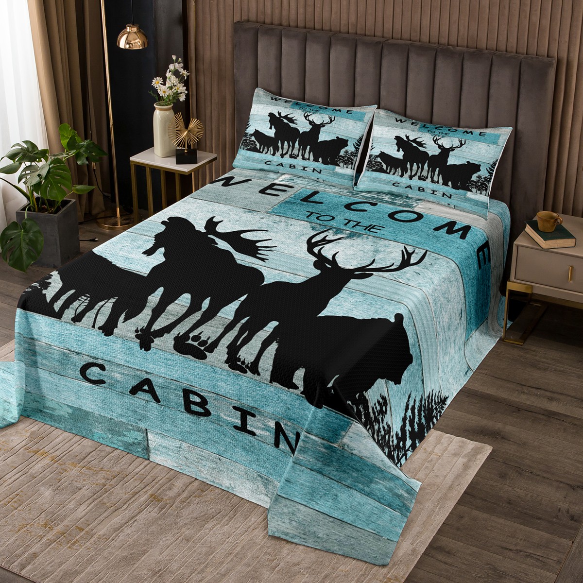 Woodland Animals Quilt Set Queen Lodge Cabin Bedspread Set,Pine Trees ...