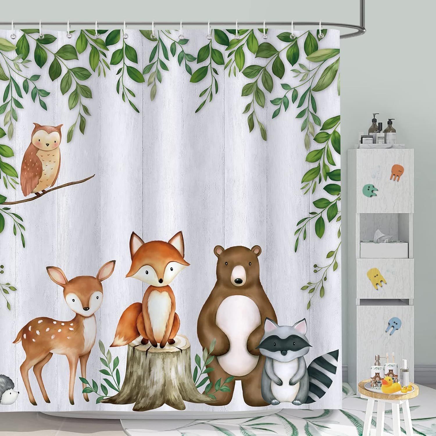 Woodland Animals Shower Curtain for Kids Forest Animal Green Leaves ...