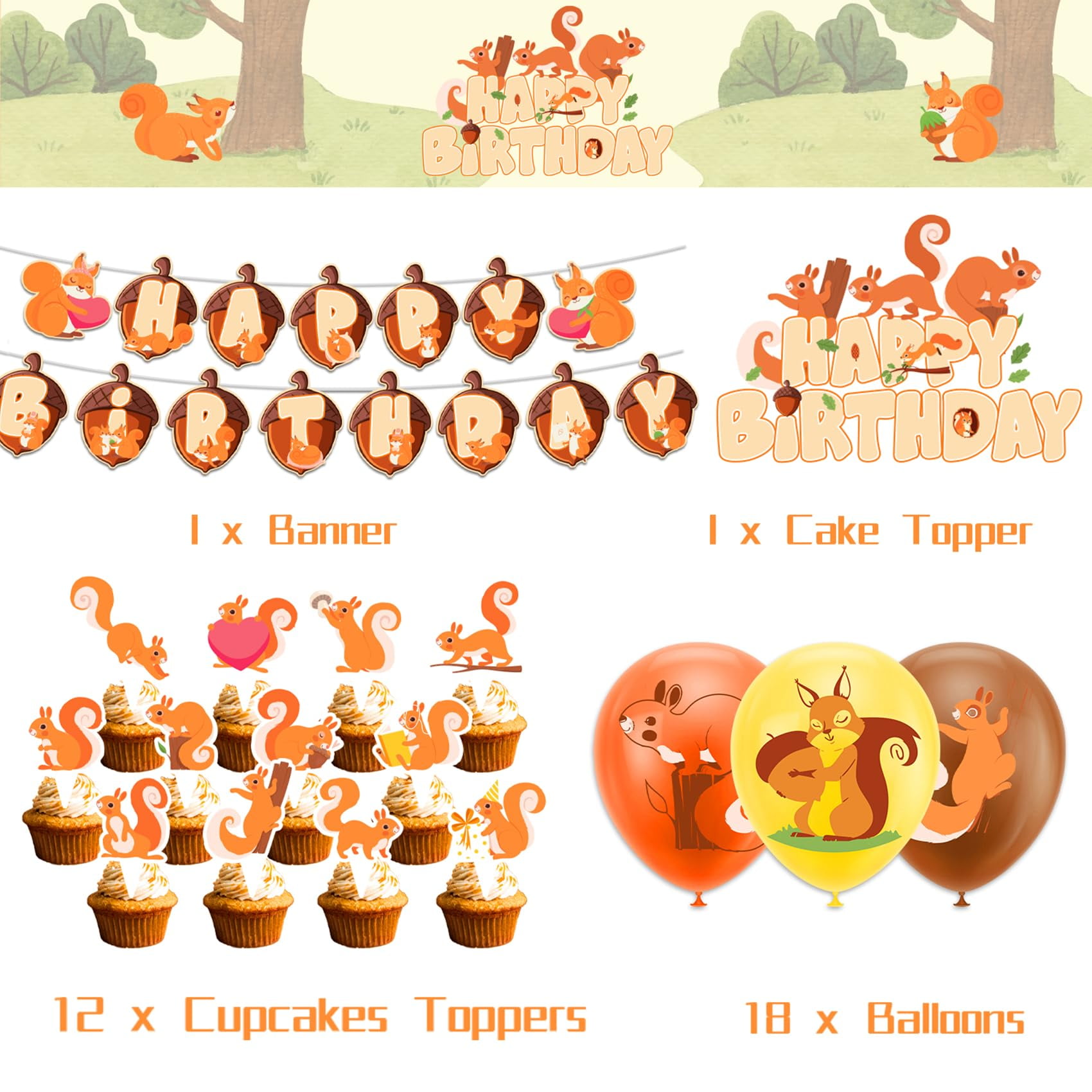 Woodland Animals Squirrel AJH3 Party Supplies - Includes Squirrel Birthday Banner, Cake Topper ...