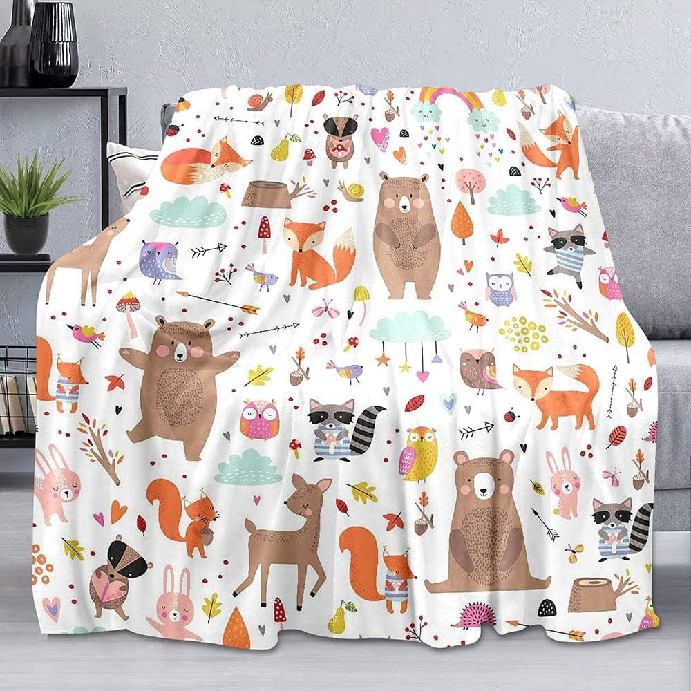 Woodland Animals Throw Blanket, Cartoon Bear Deer Fox Rabbit Raccoon ...