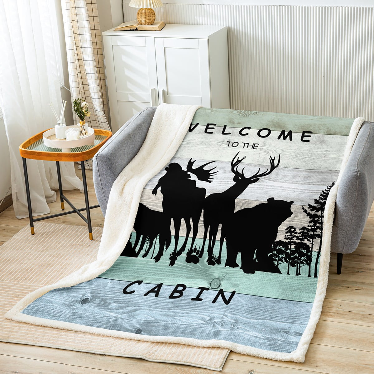 Woodland Animals Throw Blanket Lodge Cabin Fleece Blanket,Pine Trees ...