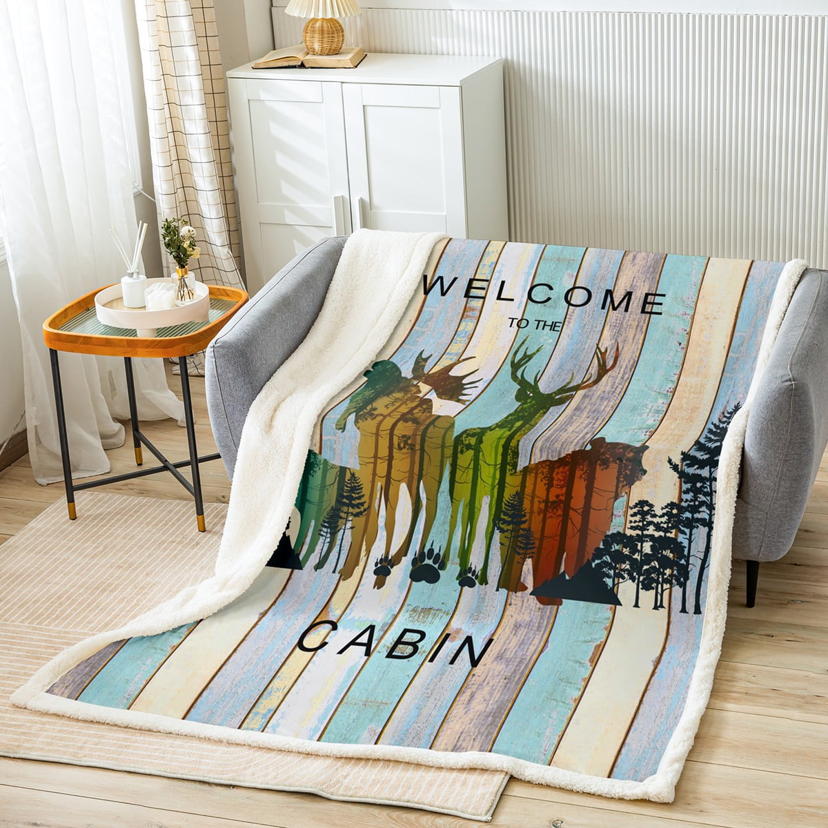 Woodland Animals Throw Blanket Lodge Cabin Fleece Blanket,Pine Trees ...