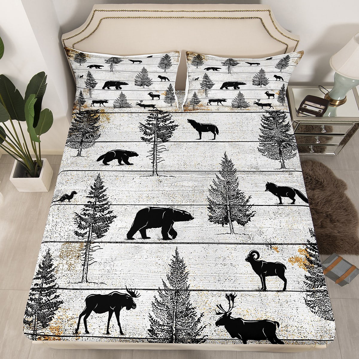 Woodland Animals Twin Bed Sheets,Bear Elk Deer Bedding Set Rabbit Wolf ...