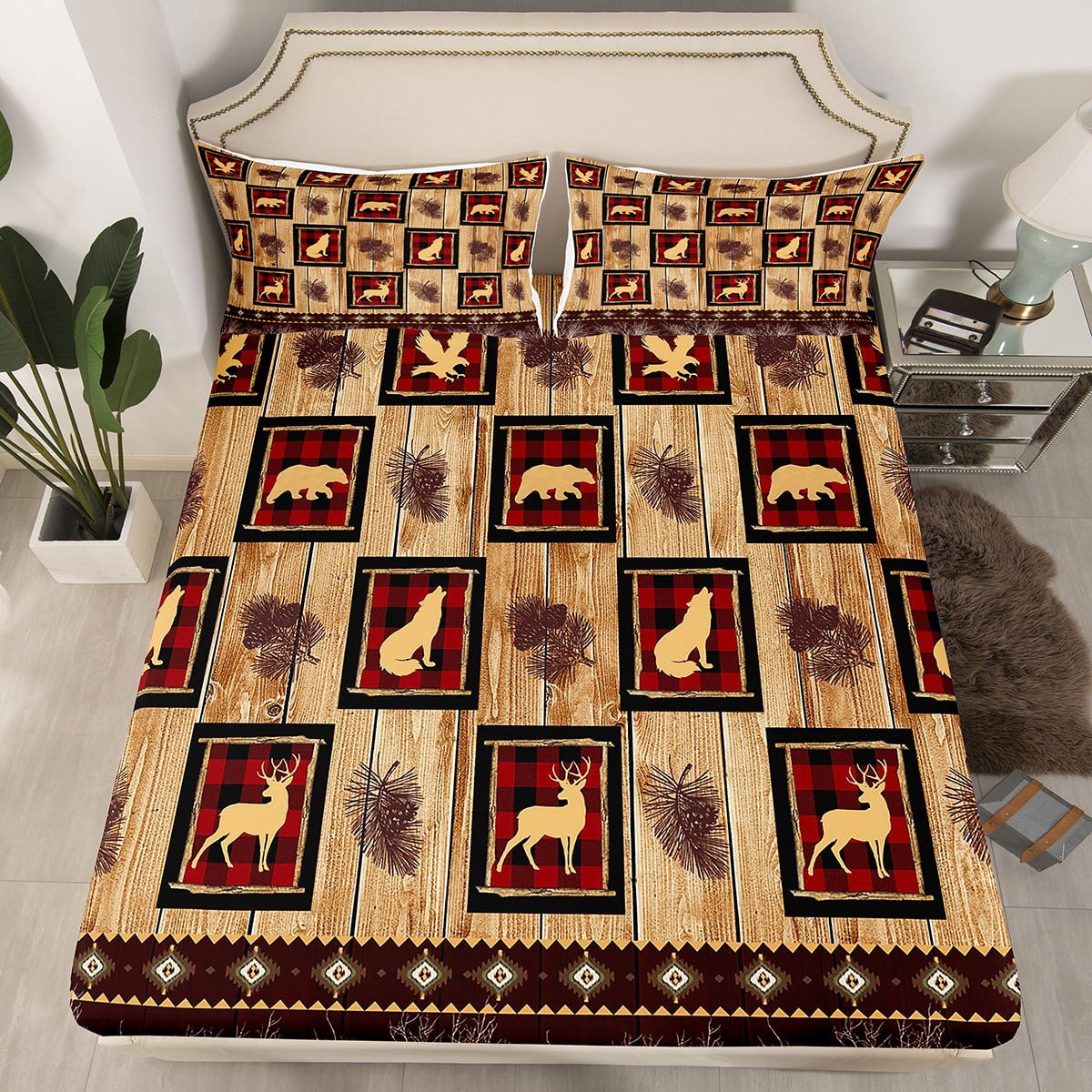 Woodland Animals Twin Bed Sheets,Lodge Cabin Checkered Buffalo Plaid ...