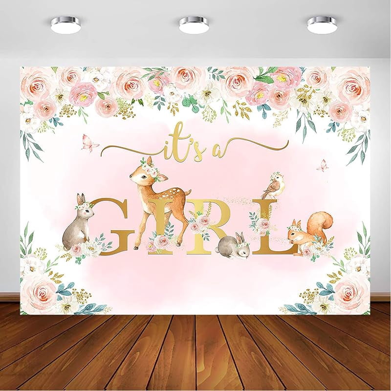 Woodland Backdrop for Girl Baby Shower Woodland Animal Pink Floral ...