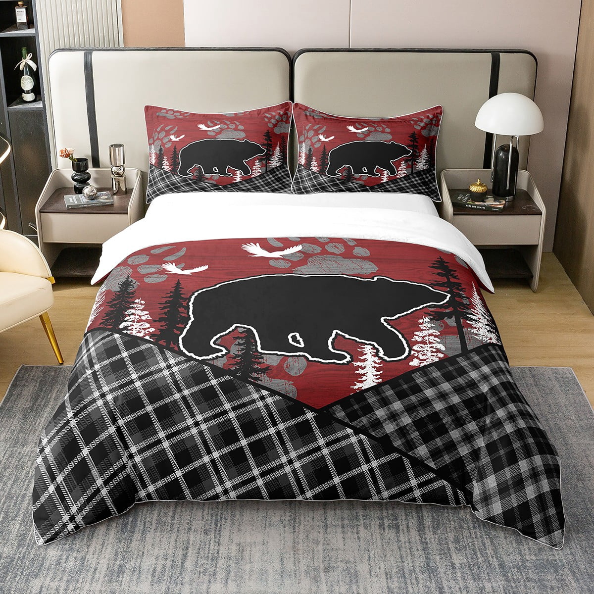 Woodland Bear 100% Cotton Duvet Cover,Black White Buffalo Checked Plaid ...