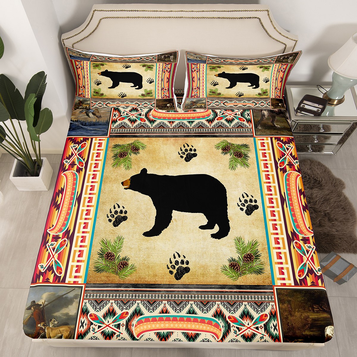 Woodland Bear Bed Sheets Retro Lake Paddle Sheets,Pine Trees Pinecone ...