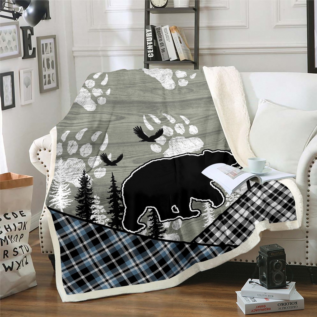 Woodland Bear Fleece Blanket ,Blue Black Buffalo Checked Plaid Grid ...