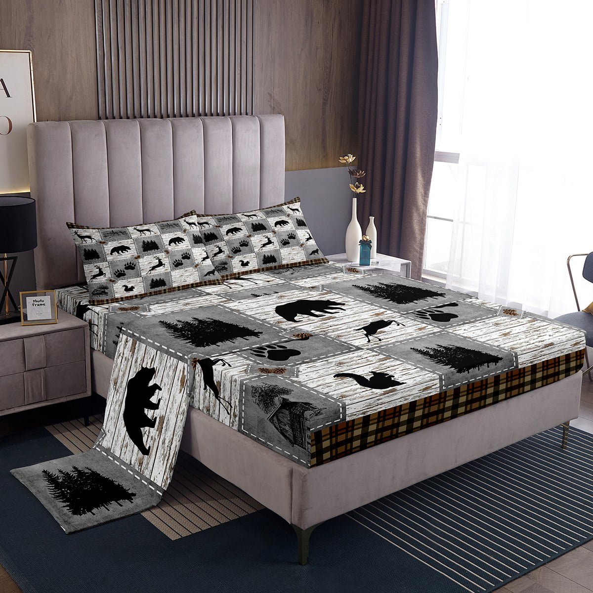 Woodland Bear Moose Flat Fitted Sheet,Buffalo Checked Plaid Grid Sheet ...