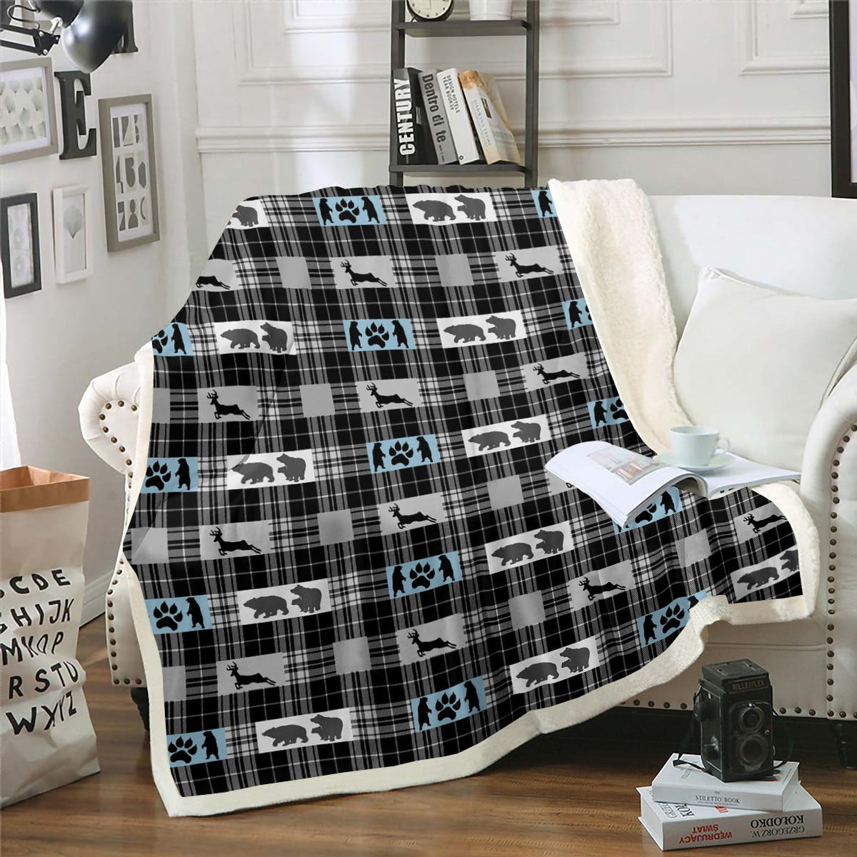 Woodland Bear Moose Fleece Blanket ,Buffalo Checked Plaid Grid Throw Blanket Elk Deer Hunting ...