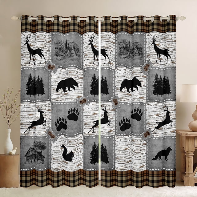 Woodland Bear Moose Window Curtains,Buffalo Checked Plaid Grid Curtains ...