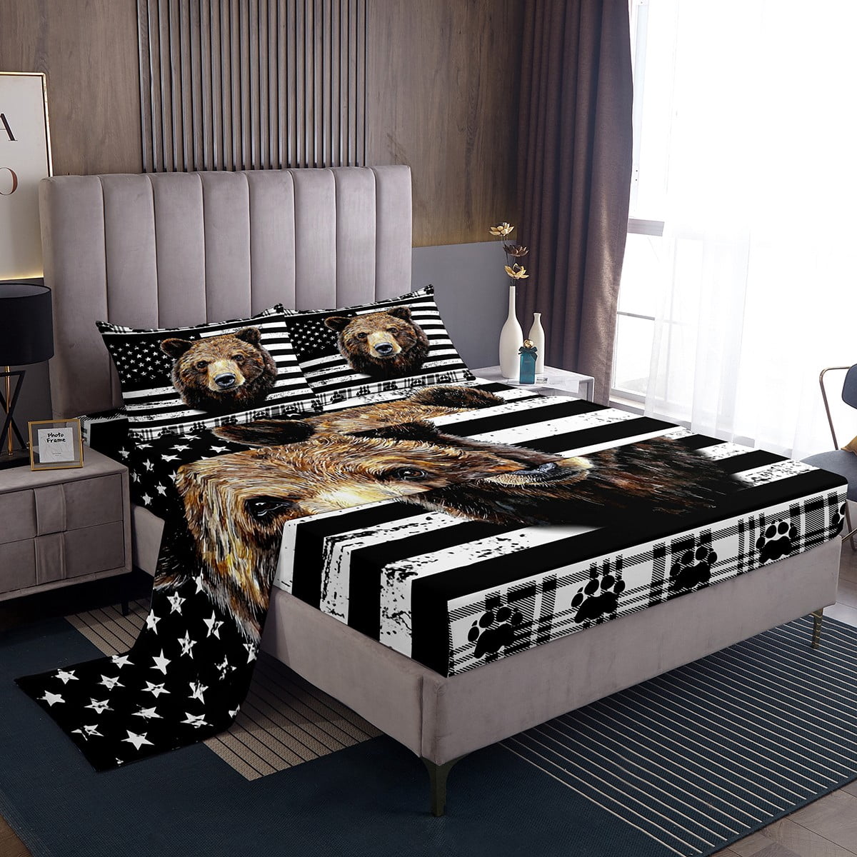 Woodland Bear Sheet Set Twin Black White American Flag Bed Sheets ...