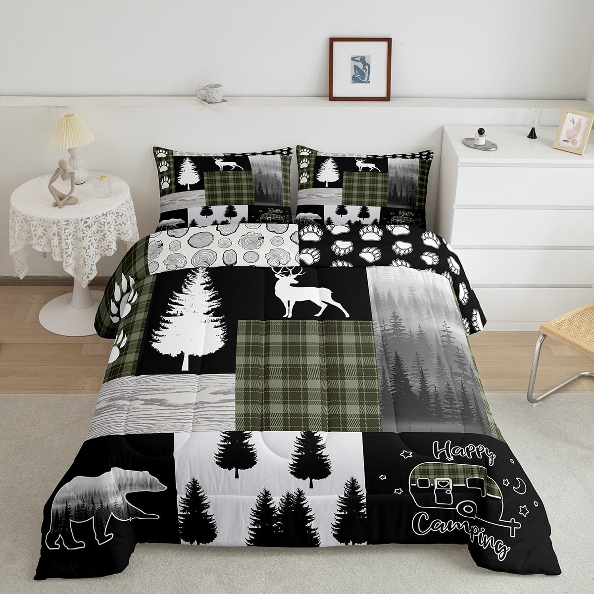 Woodland Bedding Set Hunting Bear Deer Patchwork Green Buffalo Plaid ...