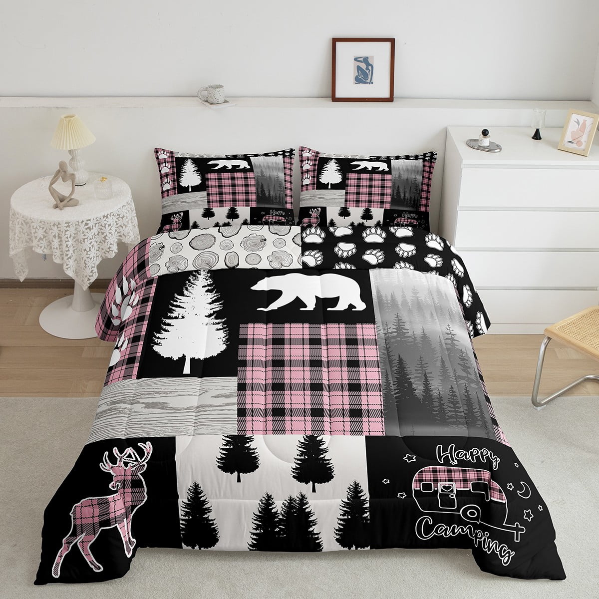 Woodland Bedding Set Hunting Bear Deer Patchwork Pink Buffalo Plaid ...