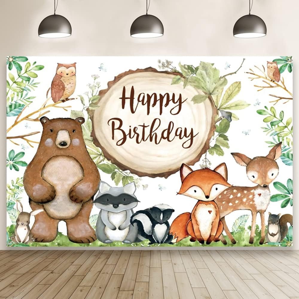 Woodland Birthday Backdrop Rustic Forest Jungle Animals Theme Birthday ...