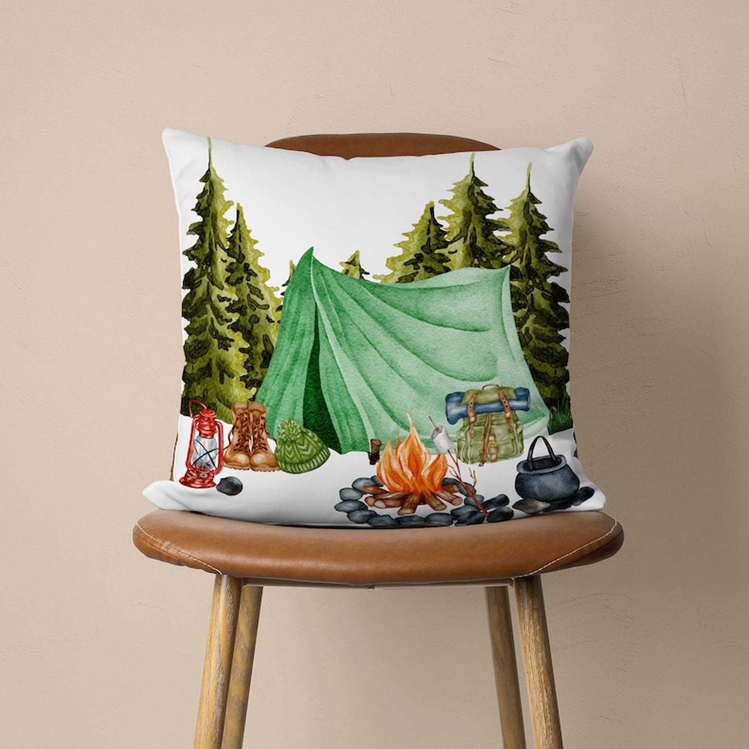 Woodland Camping Tent and Campfire Green Square Pillow Case, 100% ...