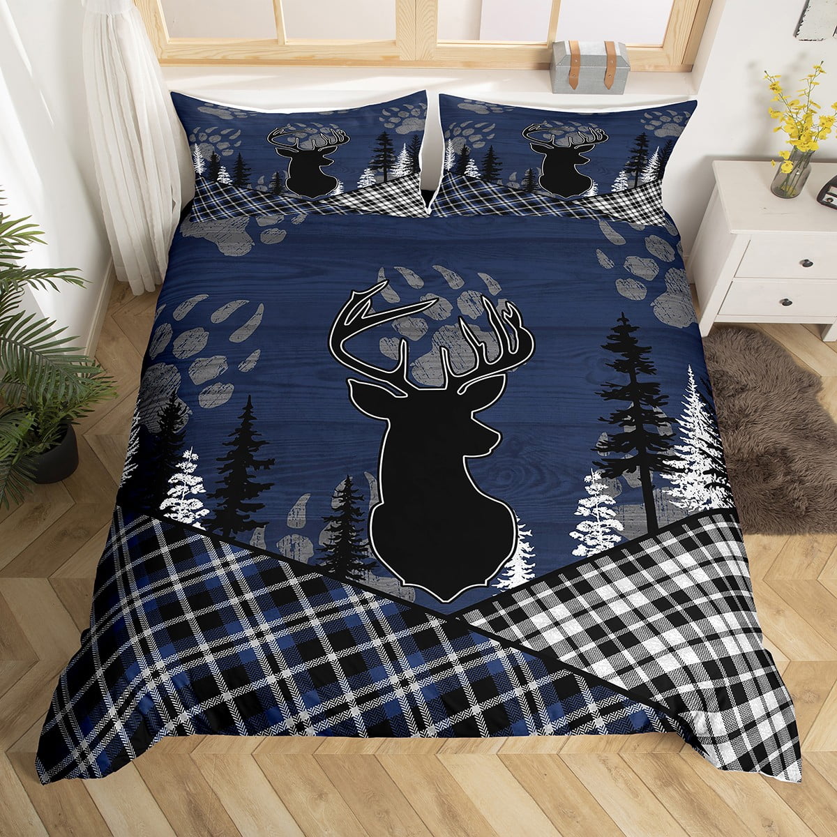 Woodland Deer Comforter Cover,Black White Buffalo Checked Plaid Grid ...