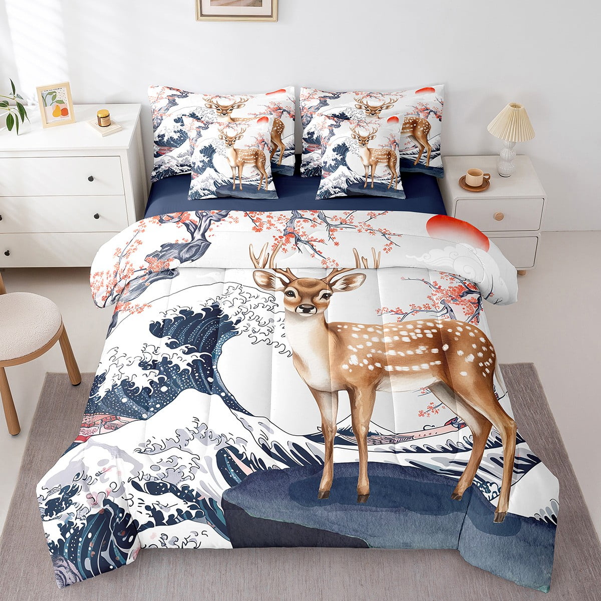 Woodland Deer Moose Twin Comforter Set 7 Pieces Vintage Japanese Bedding Comforter Sets, Chic ...