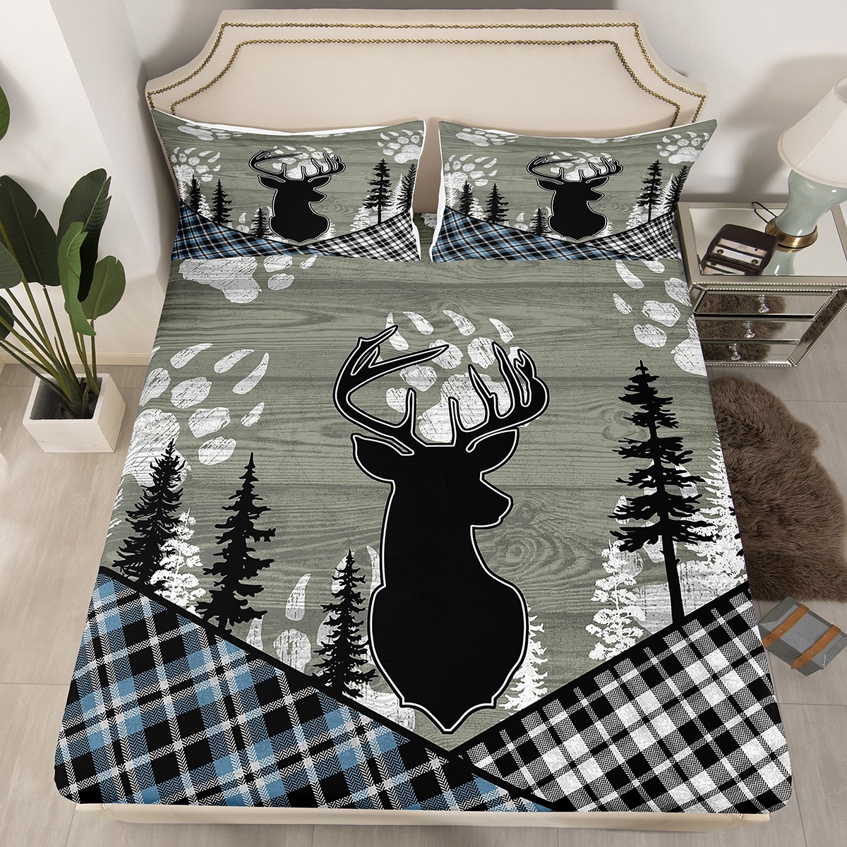 Woodland Deer Sheets for Boys Girls,Blue Black Buffalo Checked Plaid ...
