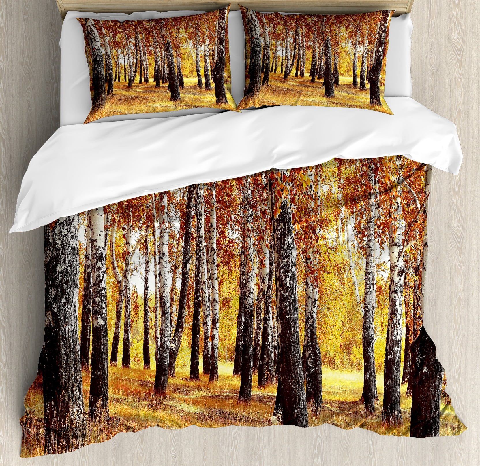 Woodland Duvet Cover Set, Jungle in Fall with Yellow Birches and Dry ...