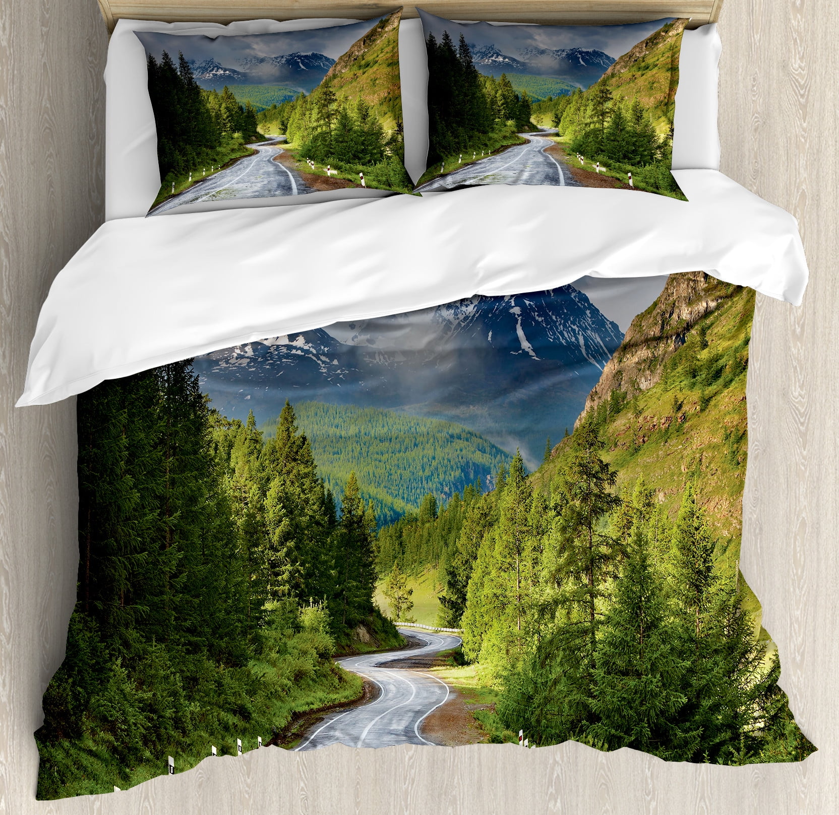 Woodland Duvet Cover Set, Mountain Landscape Road Cloudy Sky Pine Trees ...